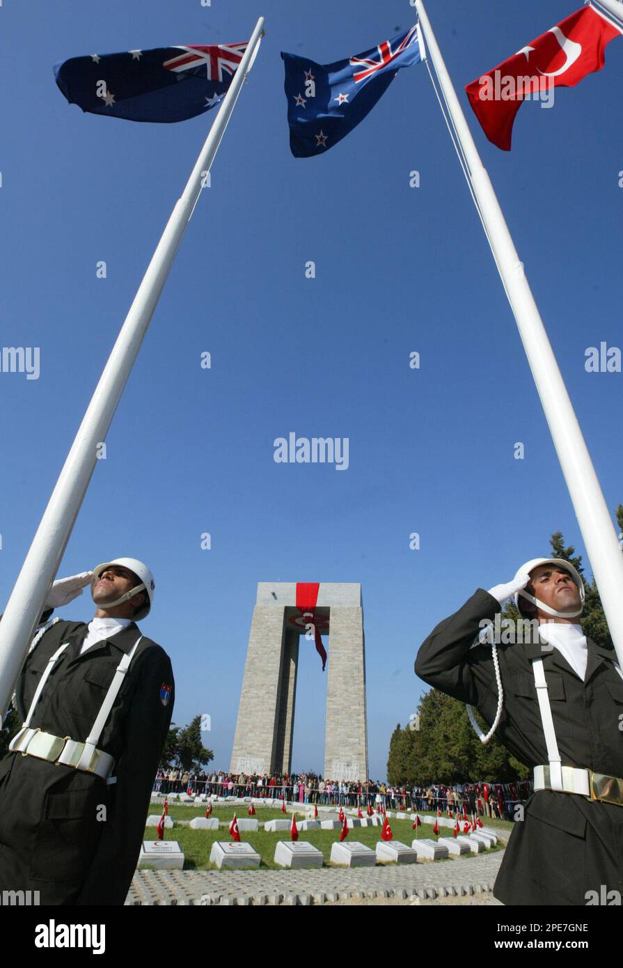 Soldiers of Turkish Honor Guard present arms at the Turkish memorial ...