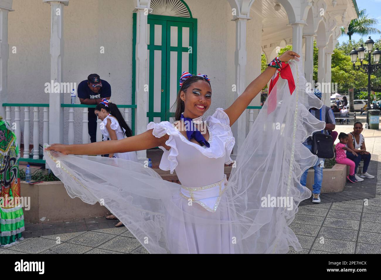 Dancer of the local dance group with musicians for tourists, in the Parque Independenzia in the ...