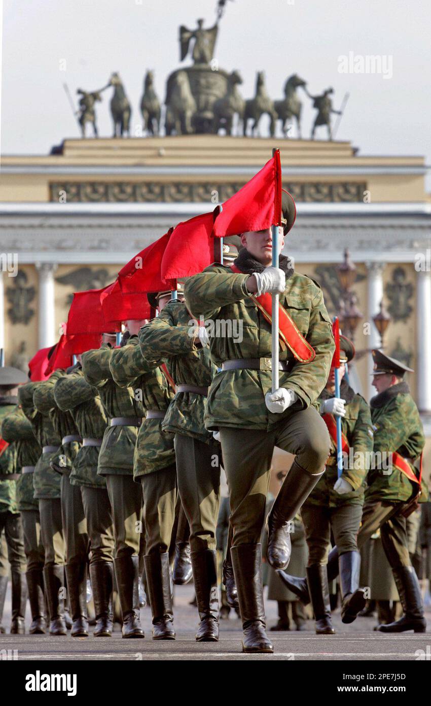 Russian soldiers march during the rehearsal of a parade for the May 9 ...