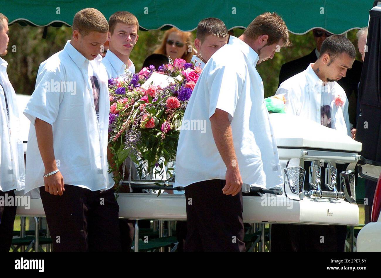 Family members carry the casket of 13-year-old Sarah Lunde to her gravesite at the Ruskin ...