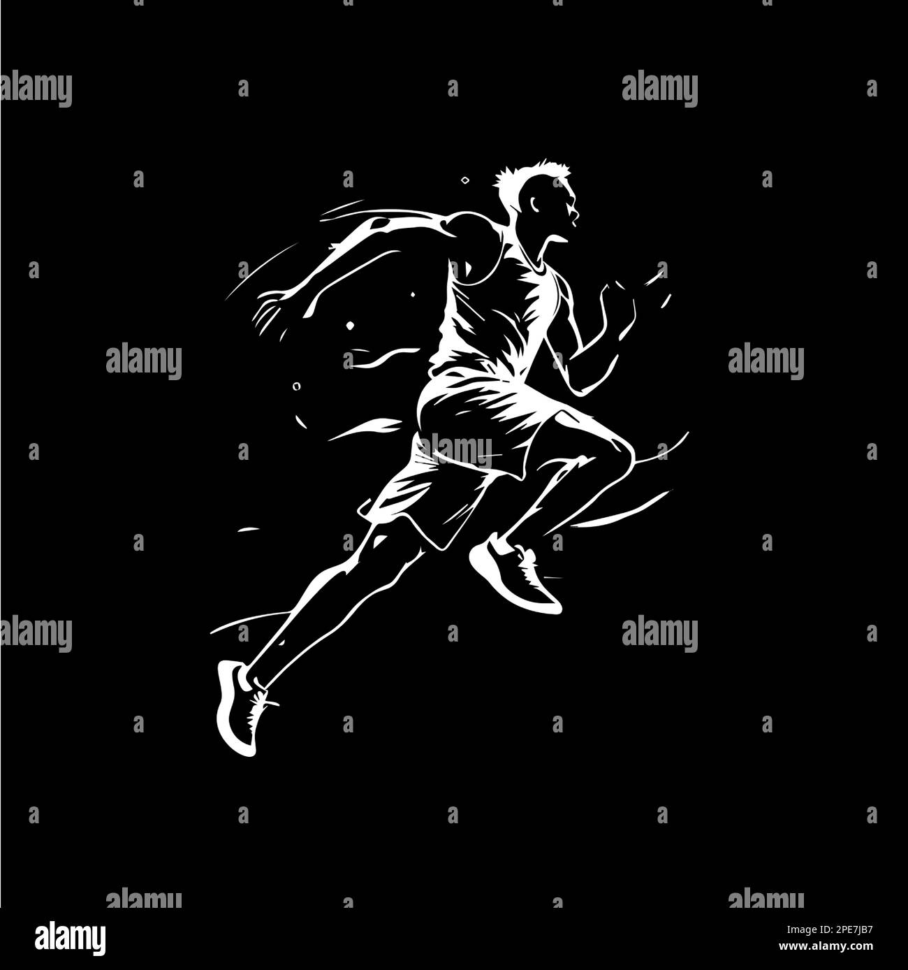 White icon of runner silhouette on black background, sport logo ...