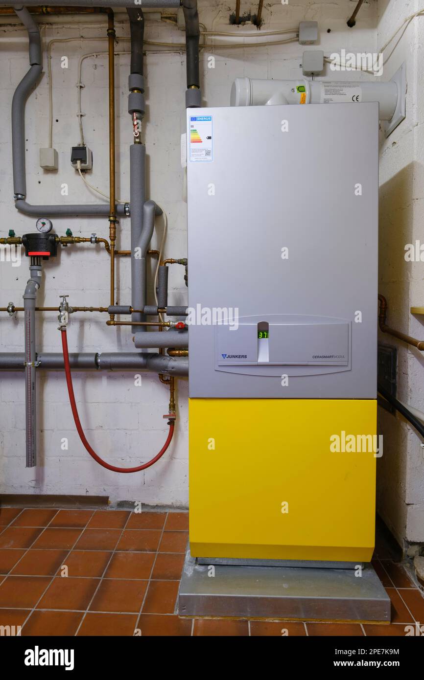 Gas boiler in basement room, insulated piping, North Rhine-Westphalia ...