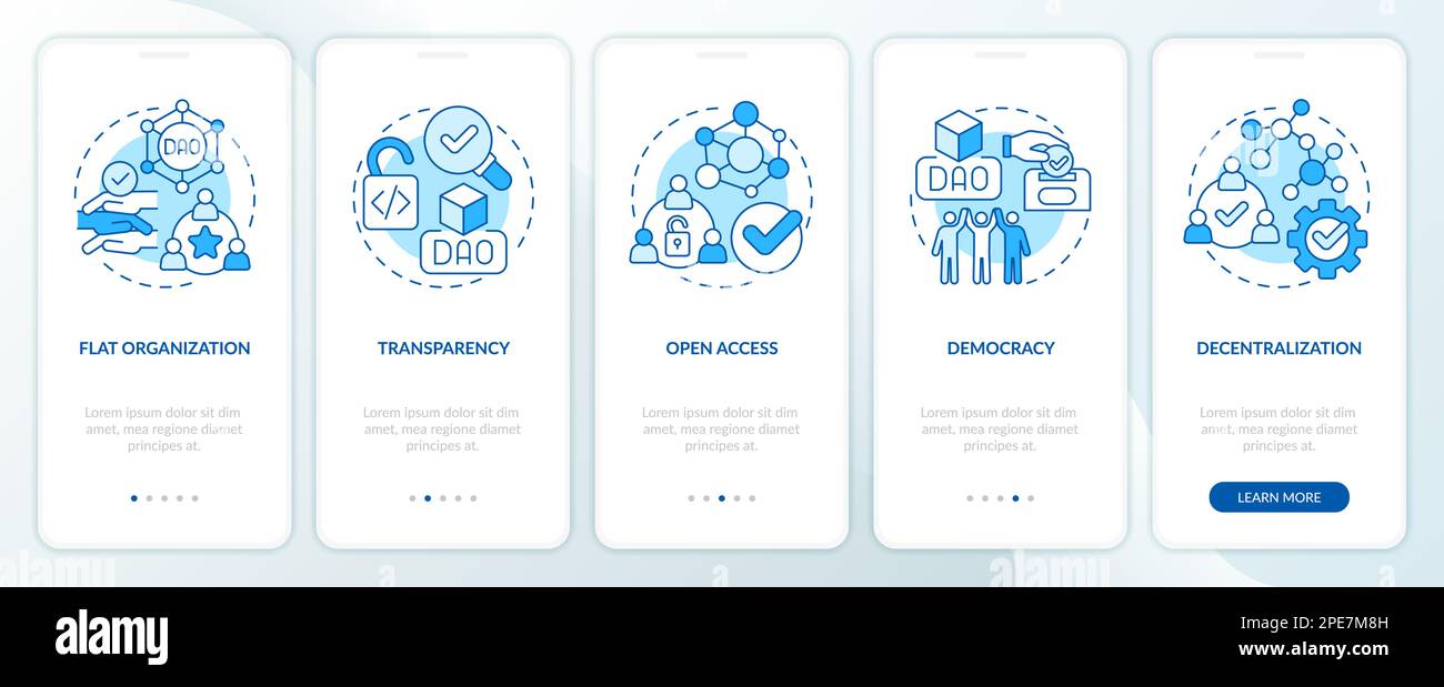 Dao Characteristics Blue Onboarding Mobile App Screen Stock Vector