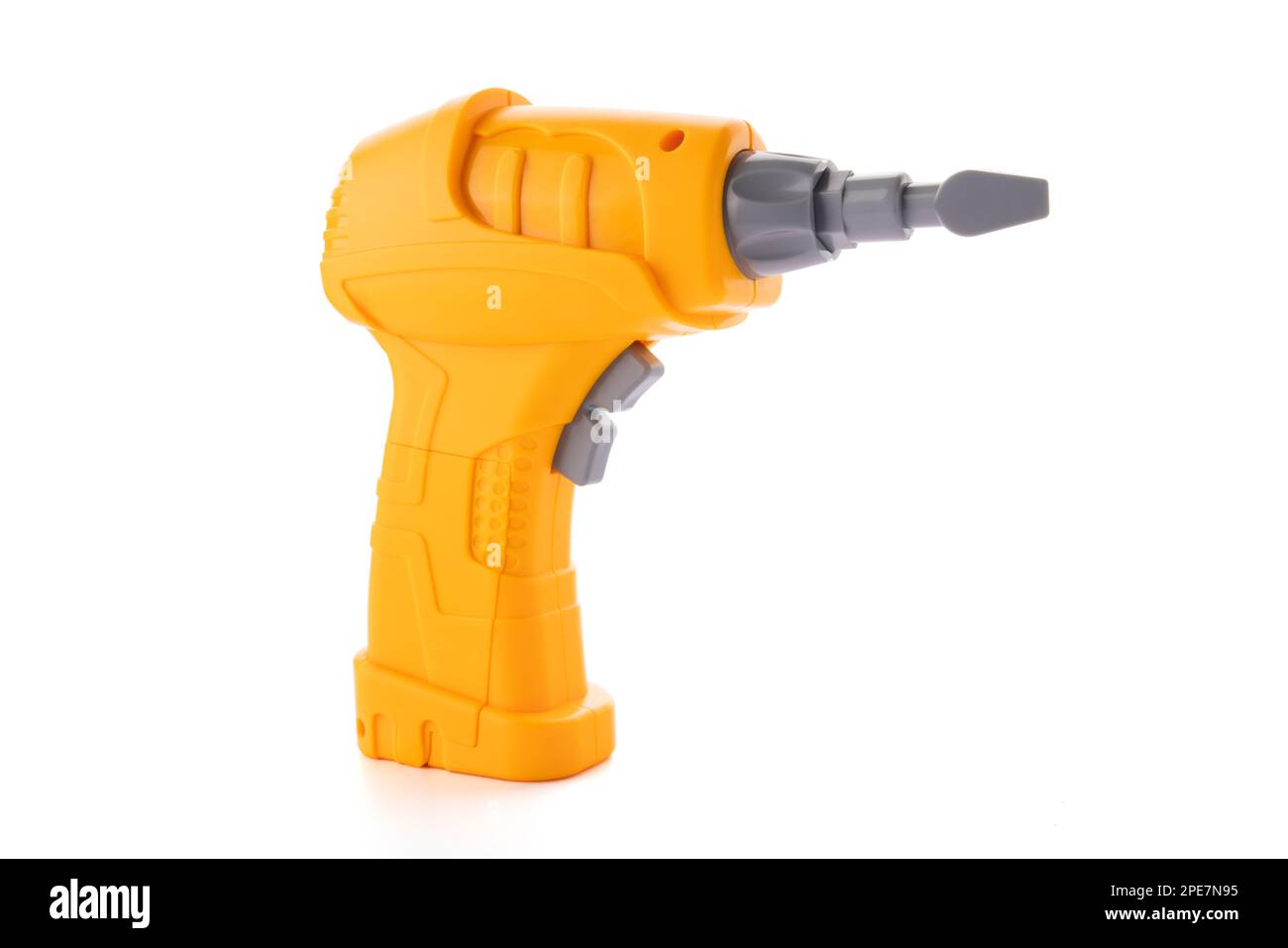 Yellow plastic toy drill screwdriver with bit isolated on white ...