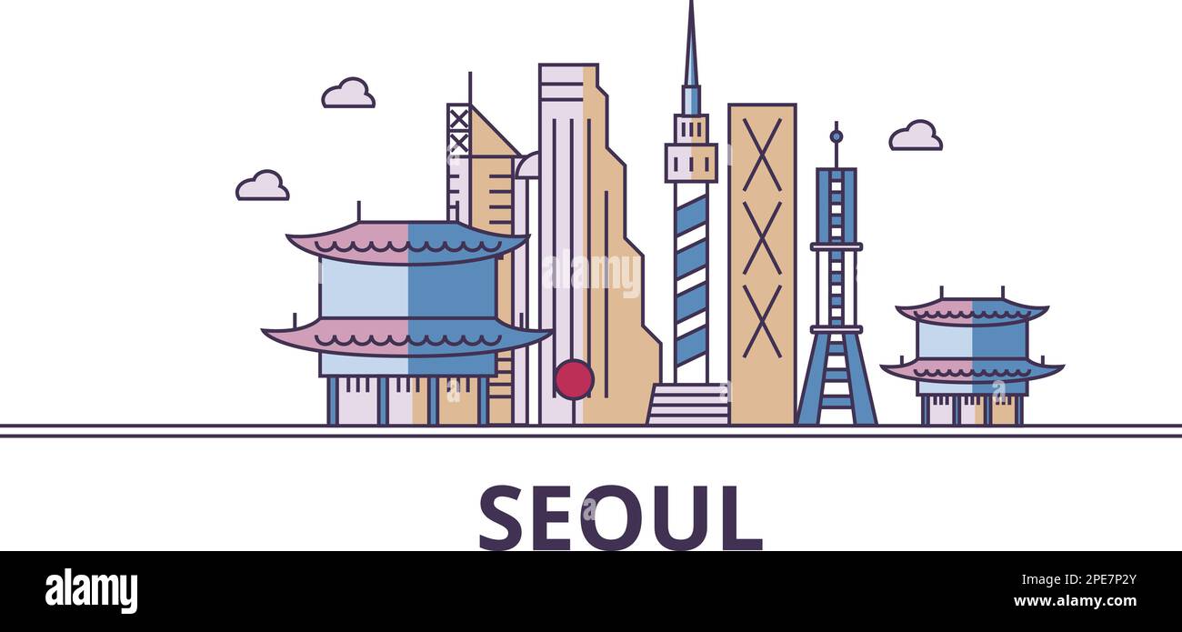 South Korea, Seoul tourism landmarks, vector city travel illustration ...