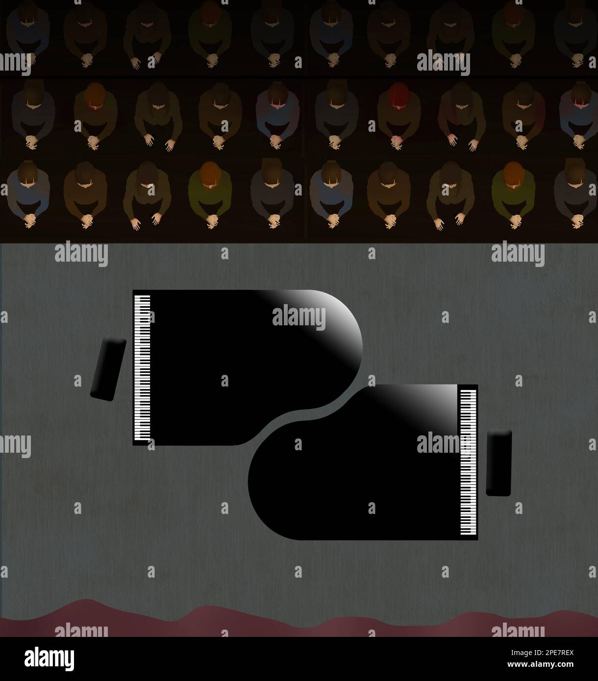 Two grand pianos are seen from above set up to be ready for a duet ...