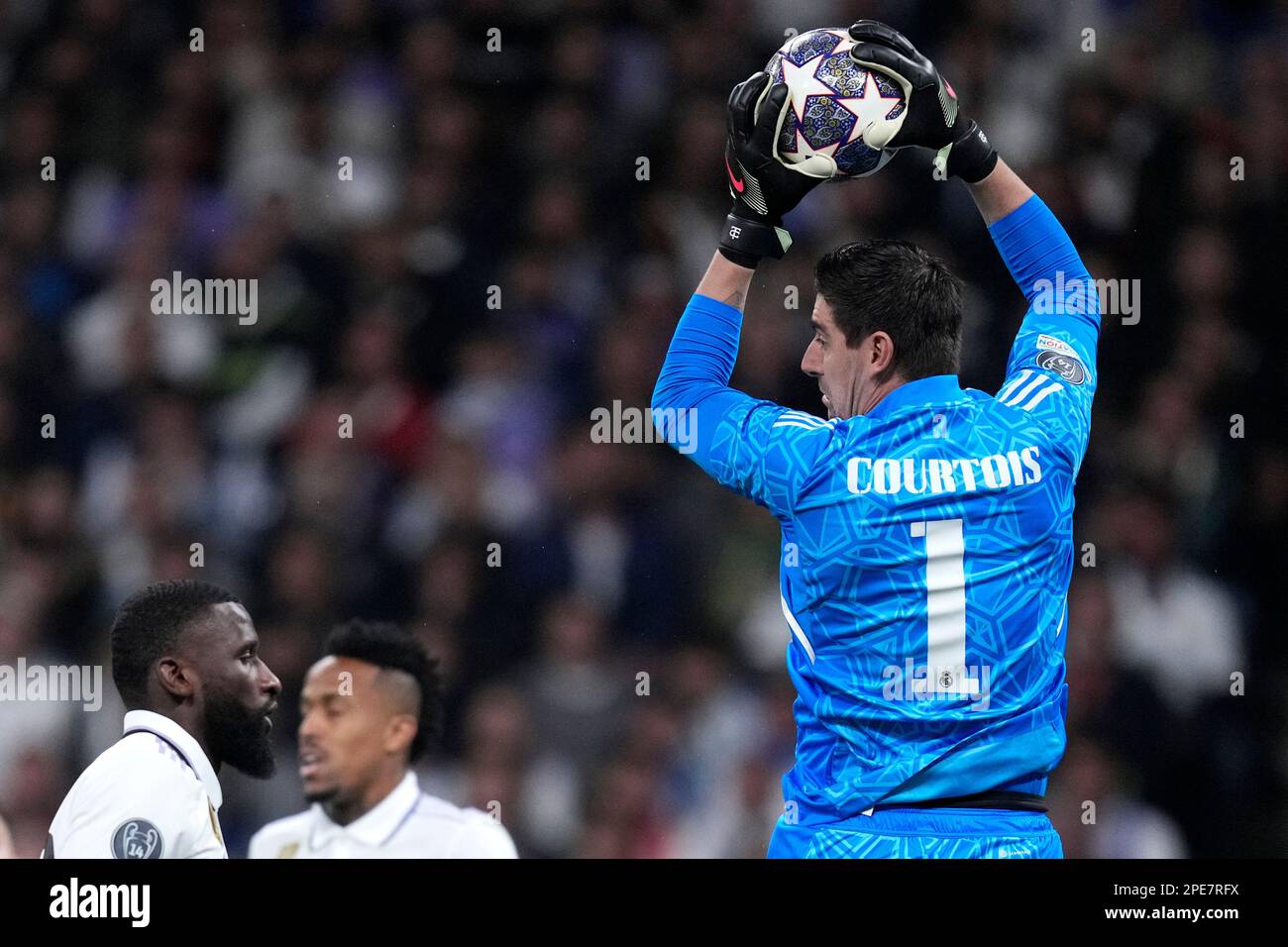 Real Madrid's goalkeeper Thibaut Courtois catches the ball during the ...