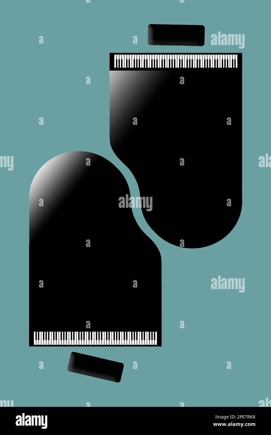 Two grand pianos are seen from above set up to be ready for a duet ...