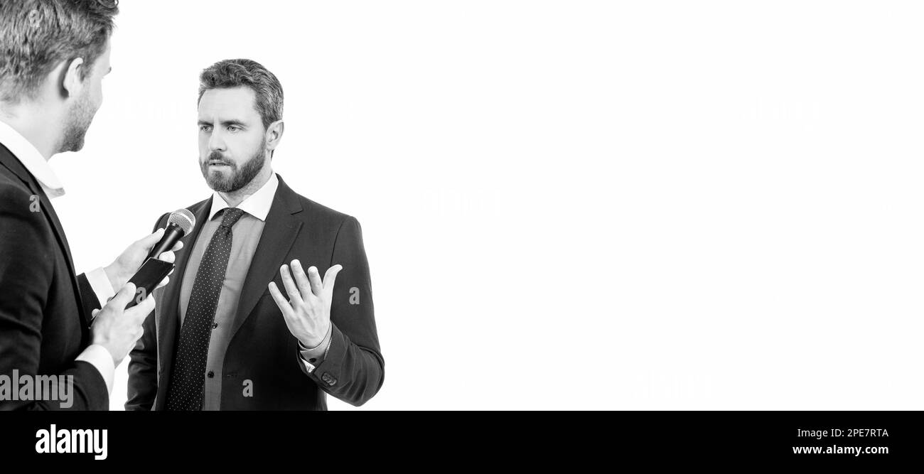 Man face portrait, banner with copy space. Media reporter journalist do ...