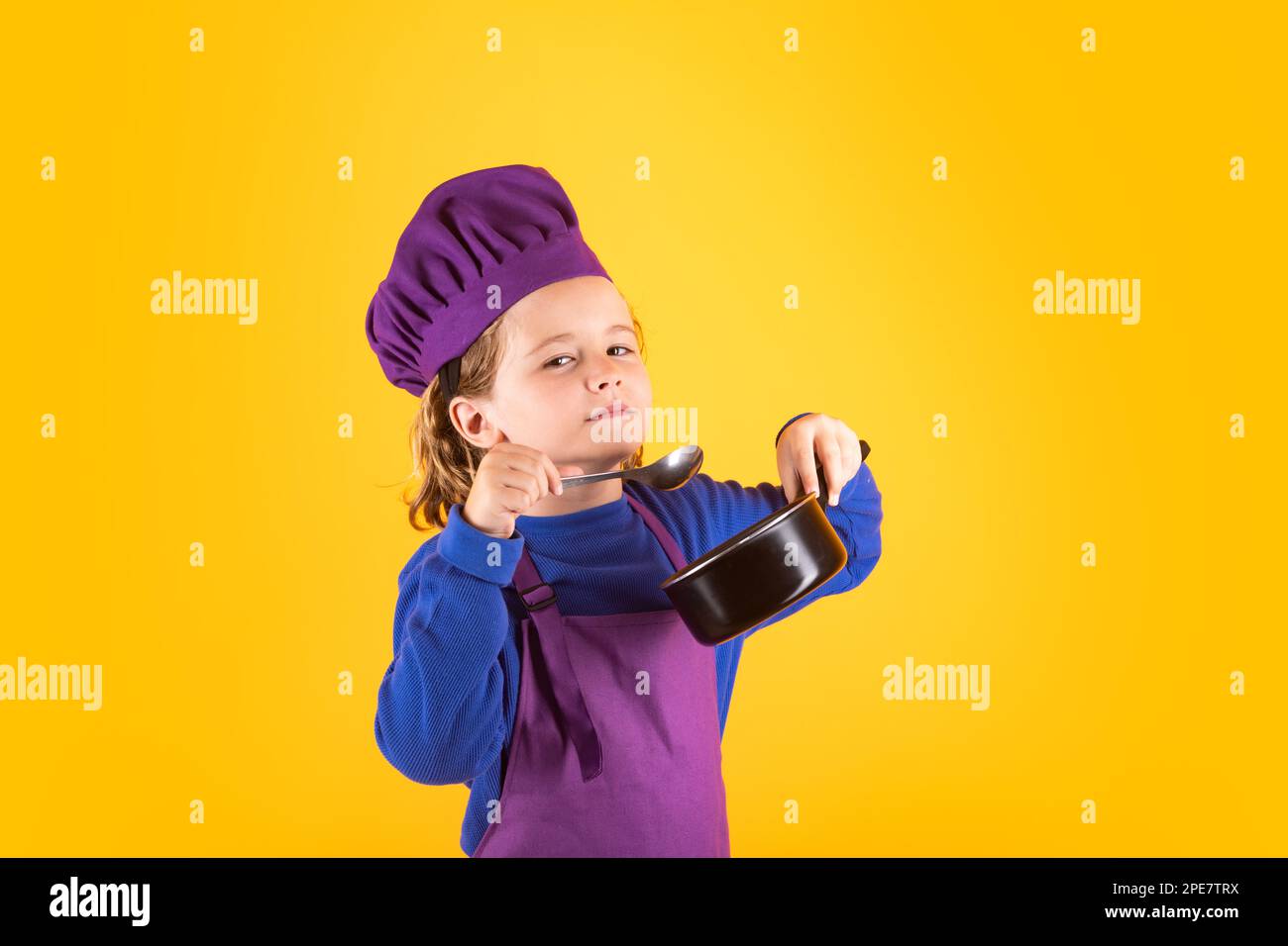 Kid chef cook with cooking pot stockpot. Cooking children. Chef kid boy ...