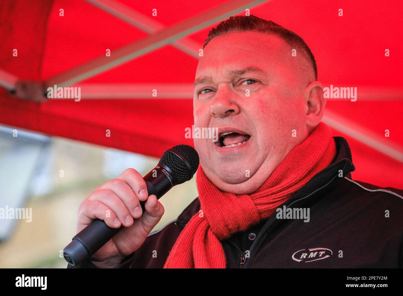 London, UK. 15th Mar, 2023. Alex Gordon, President of the RMT Union ...