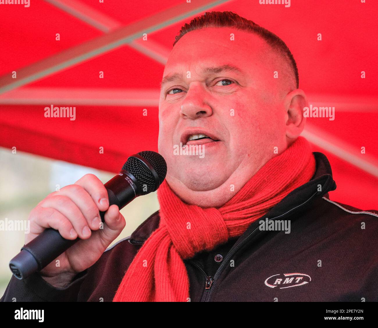 London, UK. 15th Mar, 2023. Alex Gordon, President of the RMT Union ...