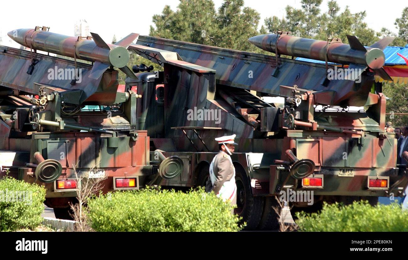 Iranian Zelzal (Earthquake) missiles are displayed during a parade at ...