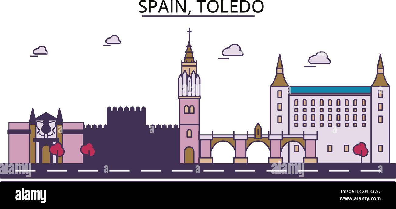 Spain, Toledo tourism landmarks, vector city travel illustration Stock ...
