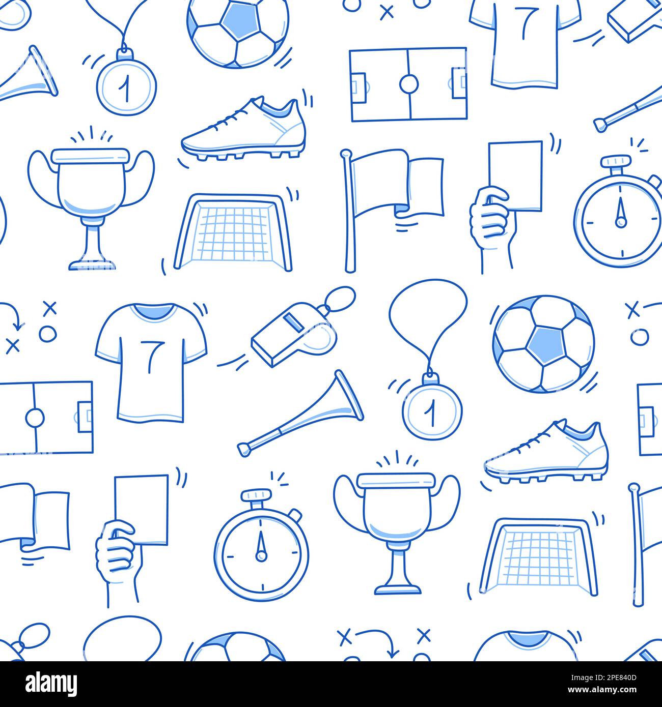 Soccer doodle seamless pattern. Football goal, award cup, whistle hand ...