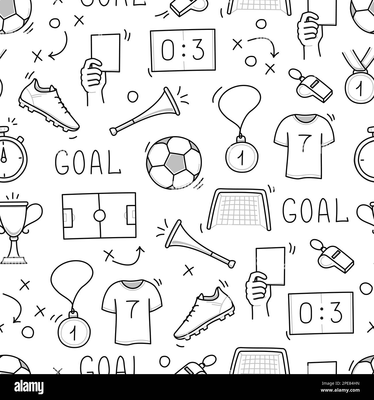 Soccer doodle seamless pattern. Football goal, award cup, whistle hand ...