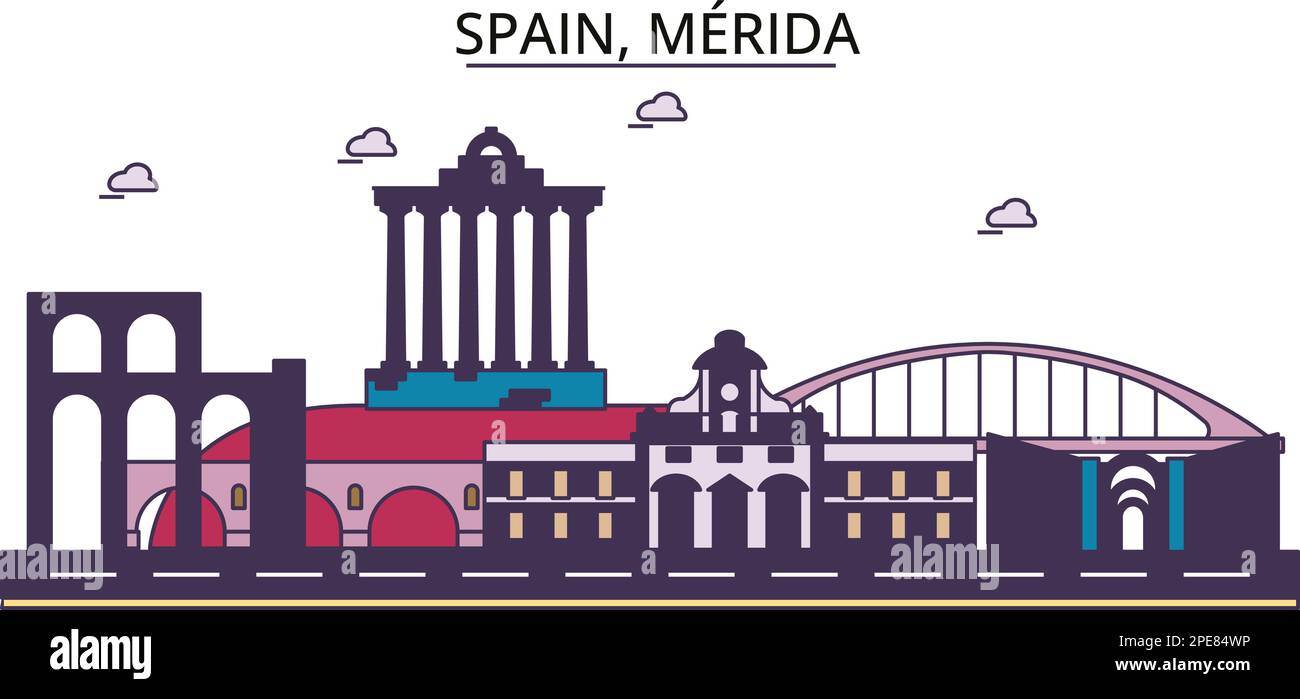 Spain, Merida tourism landmarks, vector city travel illustration Stock ...