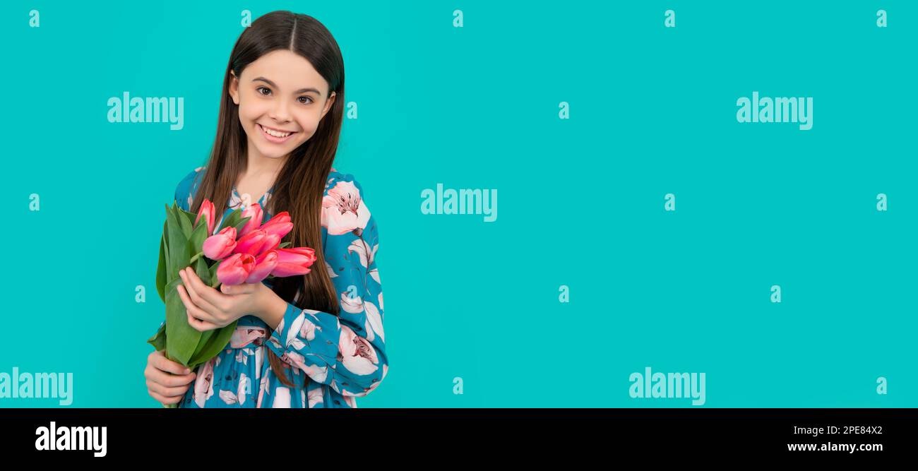 mothers or womens day. kid hold flowers for 8 of march. teen girl with ...