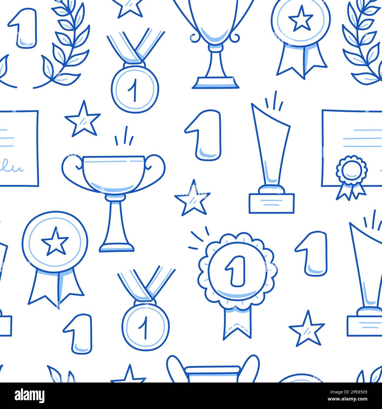 Award doodle hand drawn seamless pattern. Winner trophy cup, champion ...