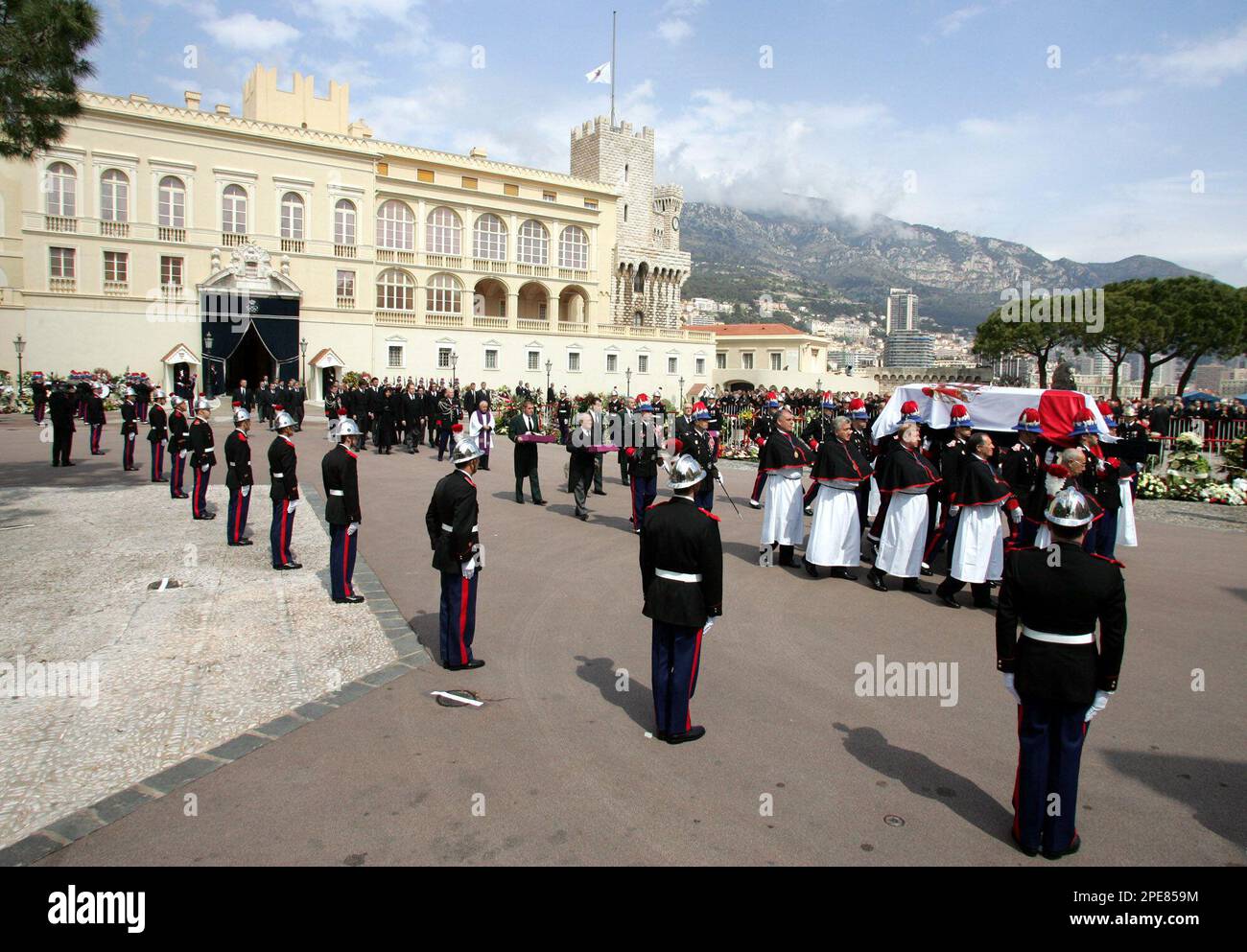 The coffin of Prince Rainier III's is carried outside the palace during ...