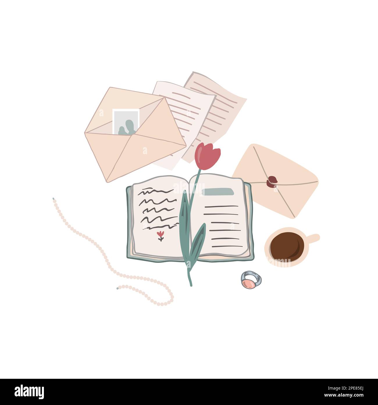 Old letters, coffee mug, vintage jewellery, diary and a red tulip ...