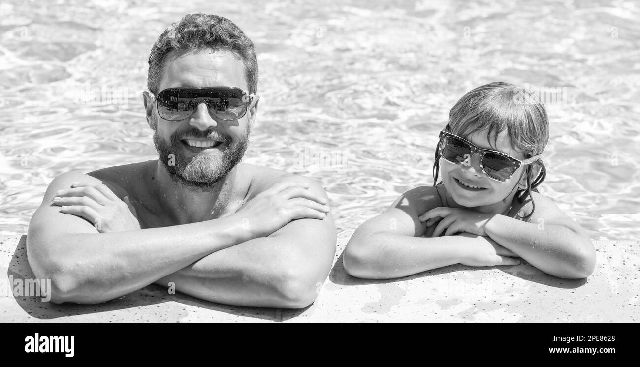 happy family of dad and son having fun in summer swimming pool, summer ...