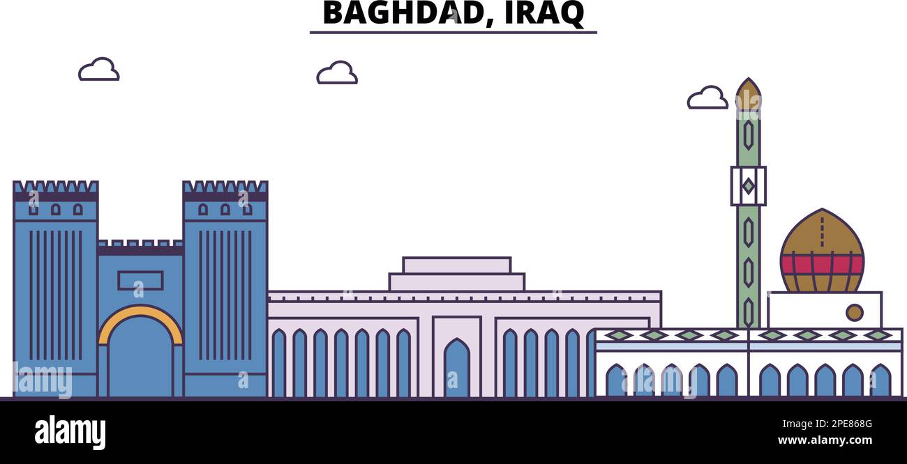 Iraq, Baghdad City tourism landmarks, vector city travel illustration ...