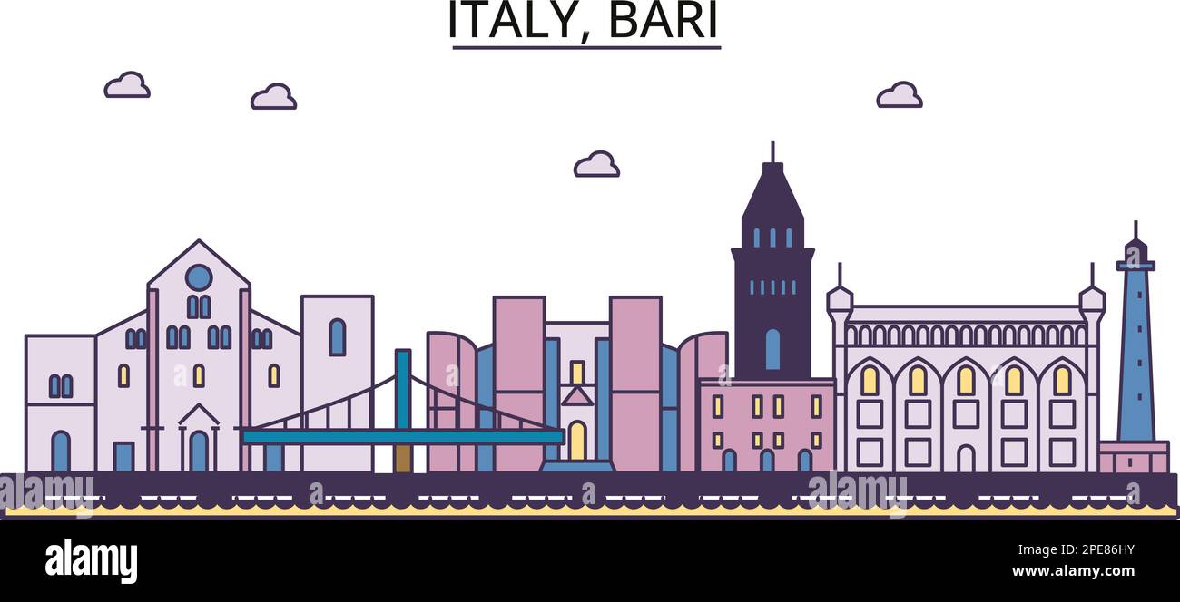 Italy, Bari tourism landmarks, vector city travel illustration Stock ...