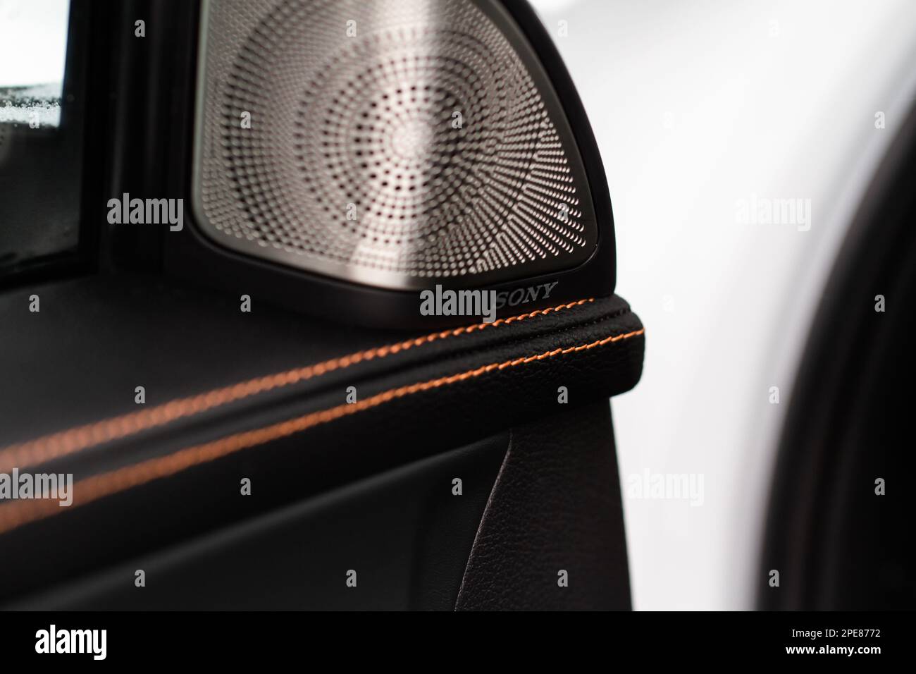 Moscow, Russia - December 25, 2021 Sony speaker grille. Modern car ...