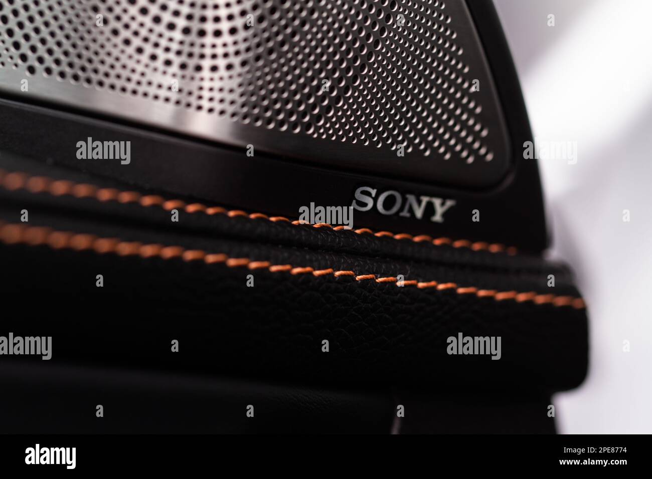 Moscow, Russia - December 25, 2021 Sony speaker grille. Modern car ...