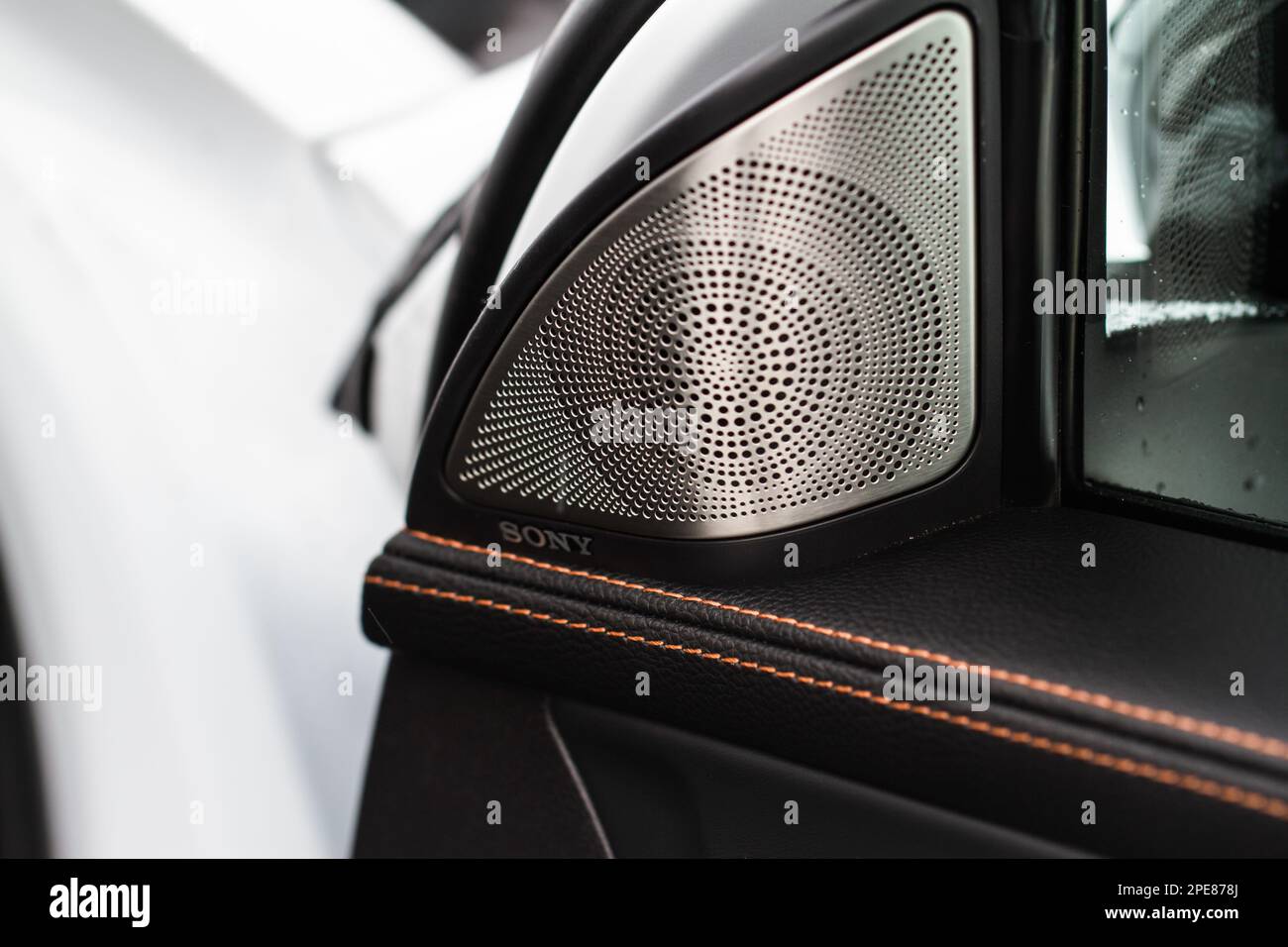 Moscow, Russia - December 25, 2021 Sony speaker grille. Modern car ...
