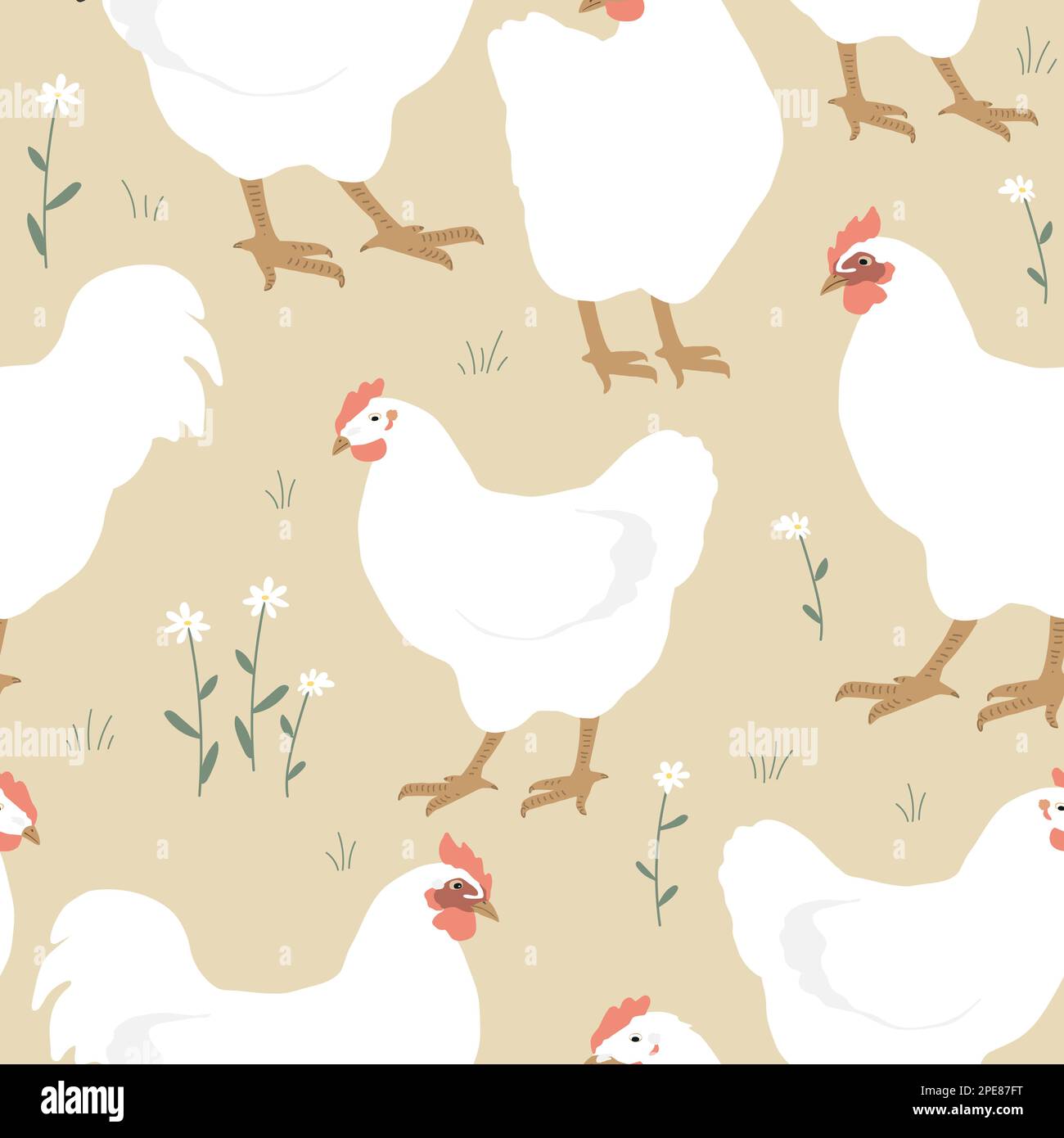 Seamless spring pattern with white chickens and flowers. Vector graphic ...
