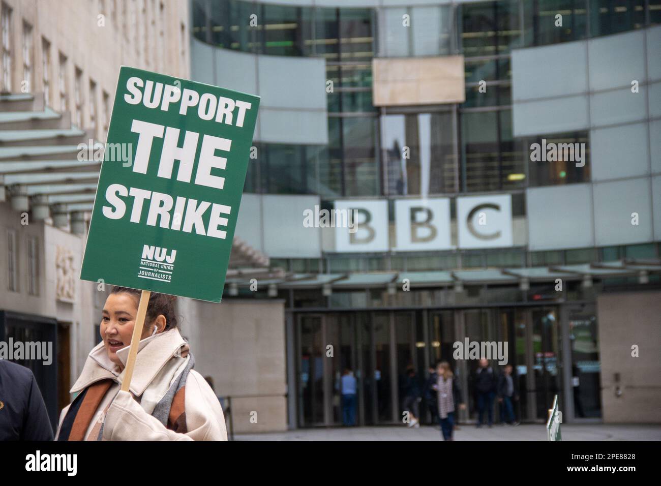 London, UK - March 15, 2023: Picket lines have formed outside the BBC ...