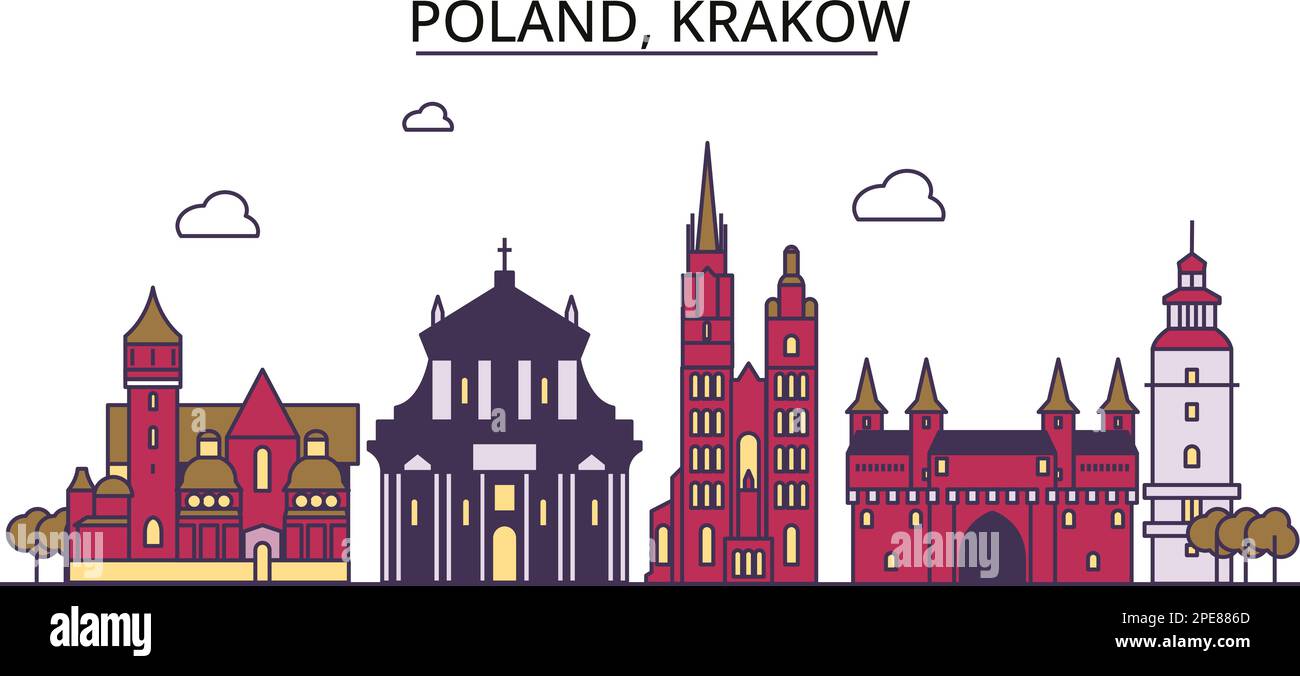 Poland, Krakow tourism landmarks, vector city travel illustration Stock ...