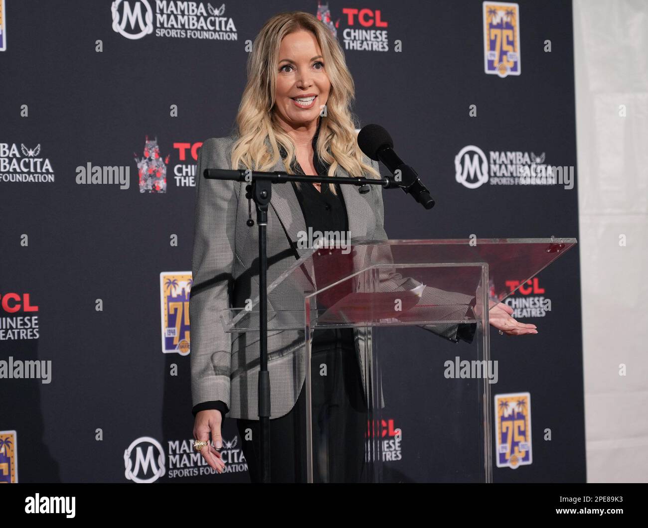 Los Angeles, USA. 15th Mar, 2023. Jeanie Buss speaking at the Kobe ...