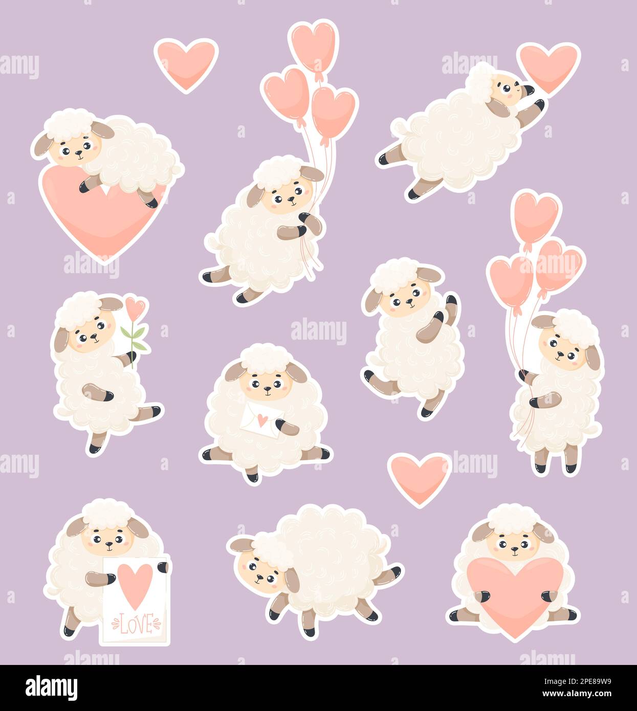 Collection stickers. Cute in love sheep with hearts, love letter and ...