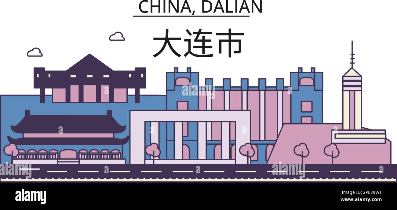 China, Dalian tourism landmarks, vector city travel illustration Stock ...