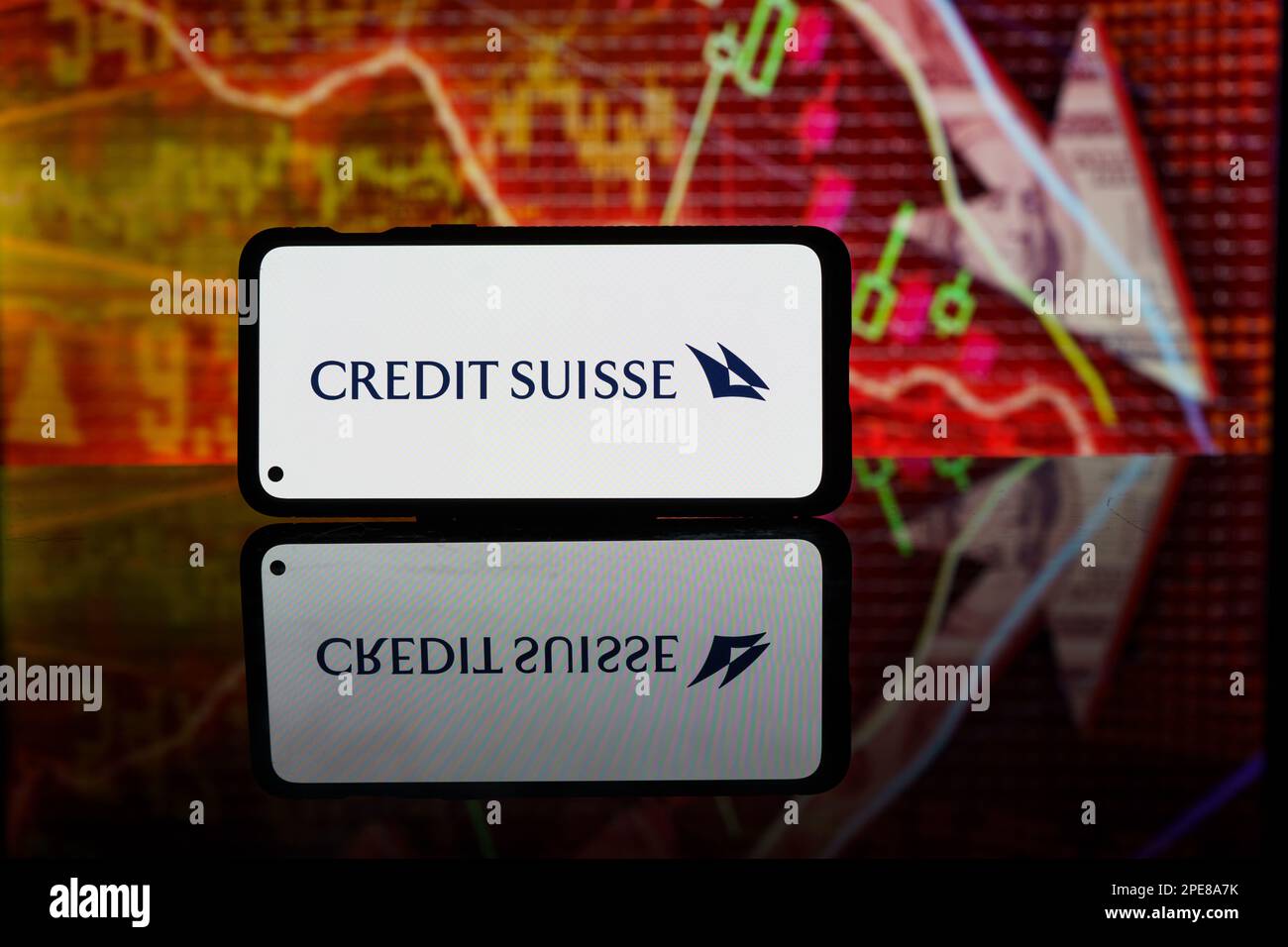 Credit suisse bank logo on screen in red background. American Bank ...