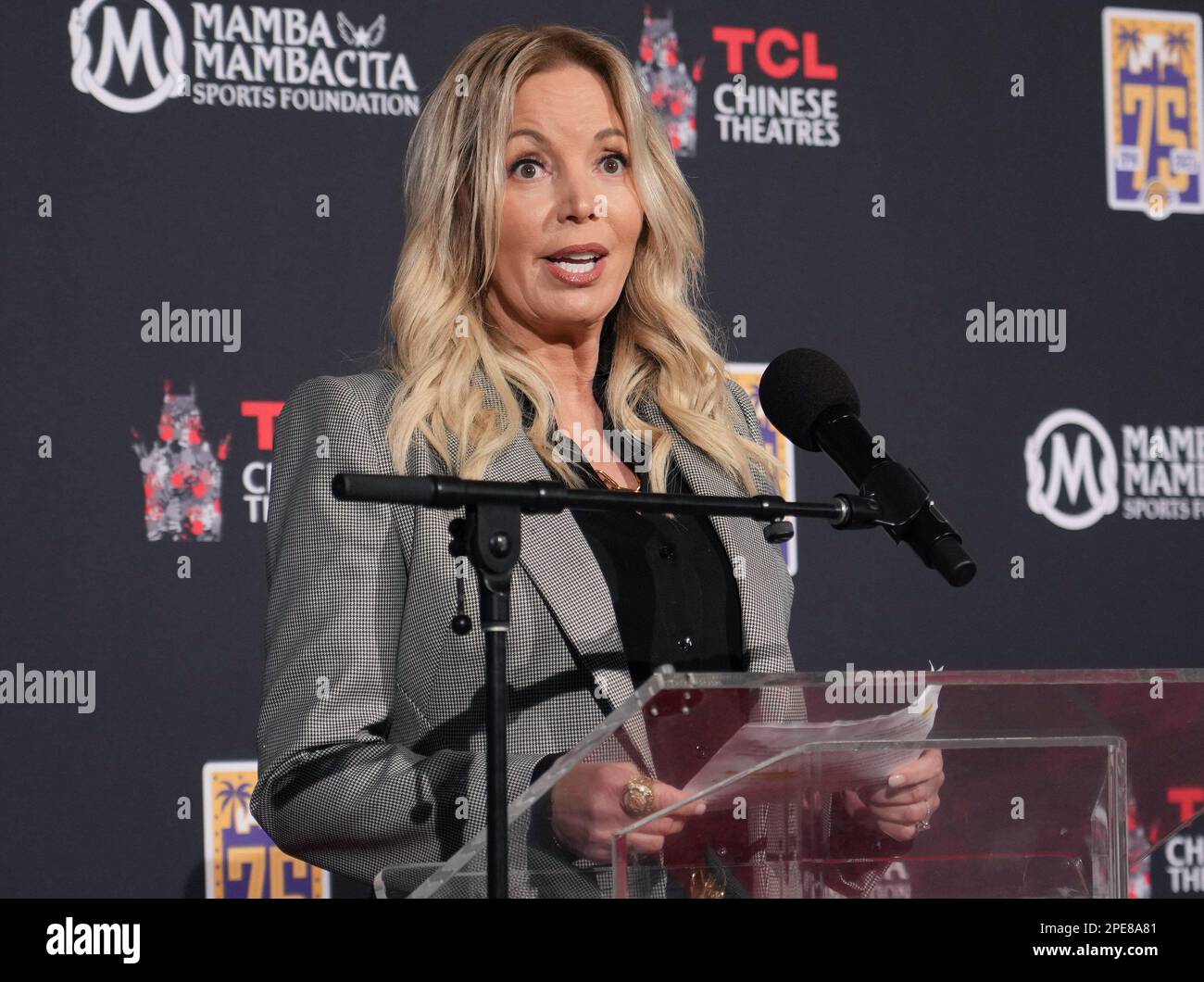 Los Angeles, USA. 15th Mar, 2023. Jeanie Buss speaking at the Kobe ...