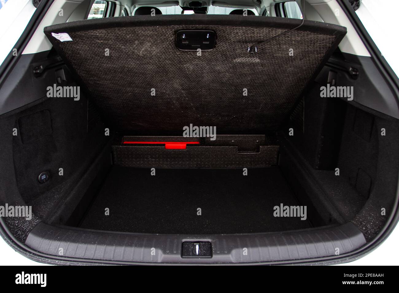 View of the rear storage area in a SUV car. Clean, open empty trunk ...