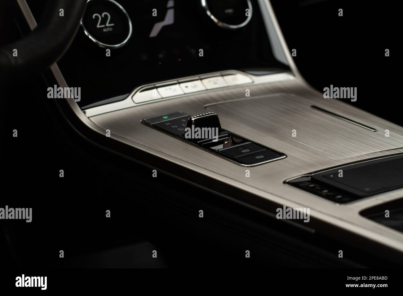 Modern car automatic gearbox. Gearbox control buttons. Gear selector ...