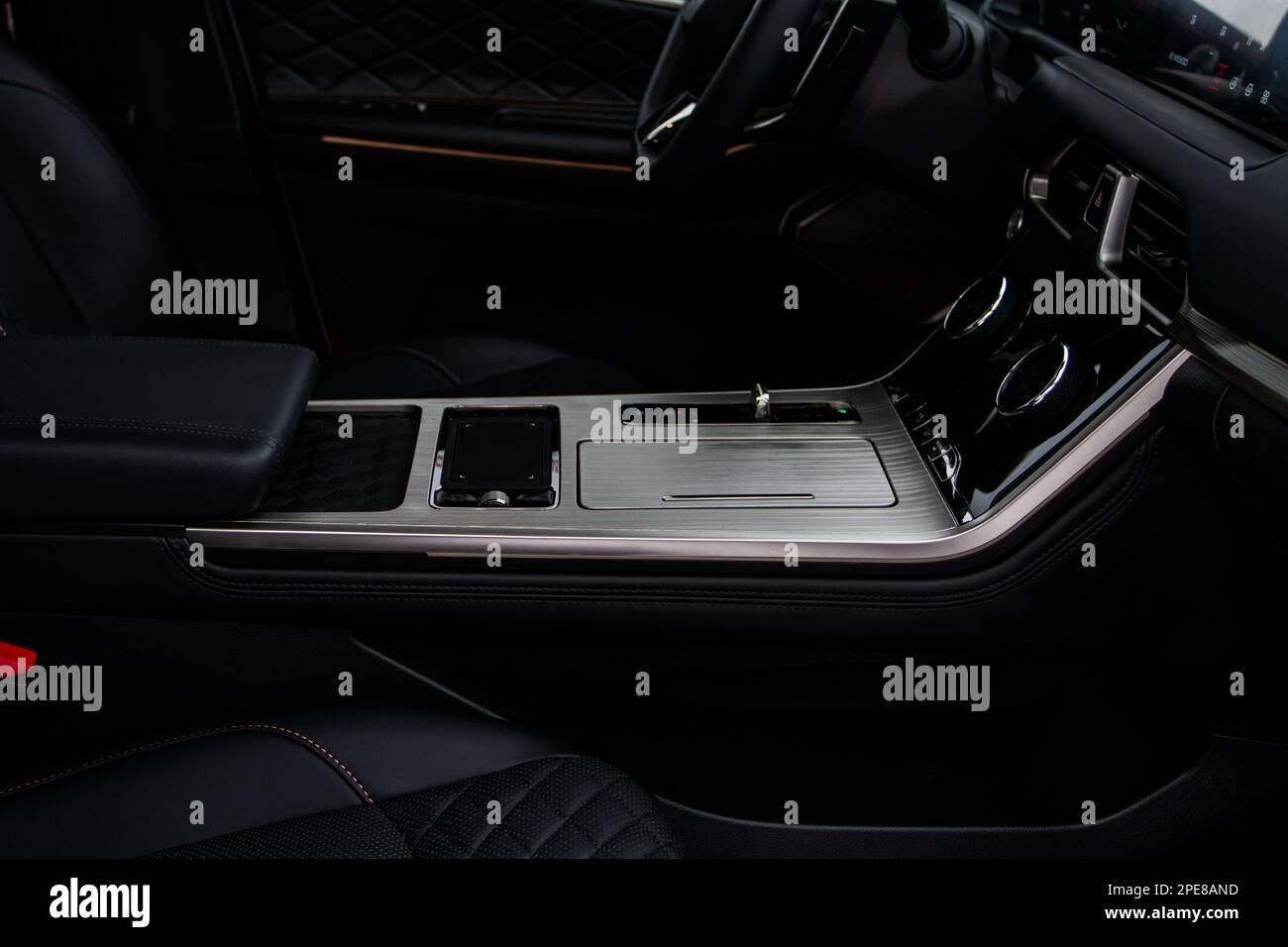 Modern car central console. Drive mode selector button Stock Photo - Alamy