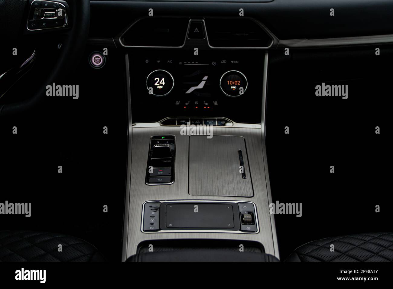Modern car central console. Drive mode selector button Stock Photo - Alamy