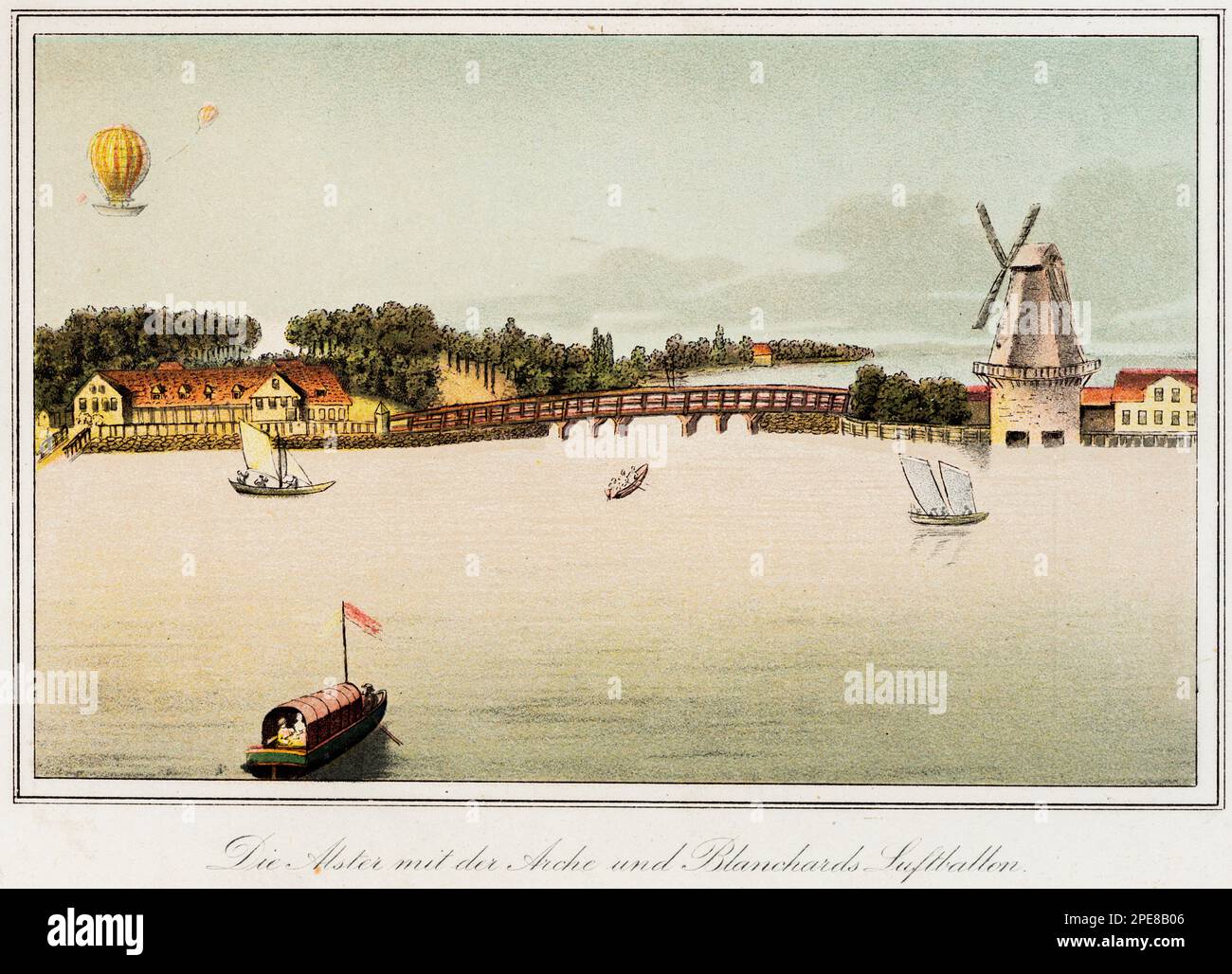 Lake Alster with boat and Blanchard´s balloon, Hamburg, Northern ...