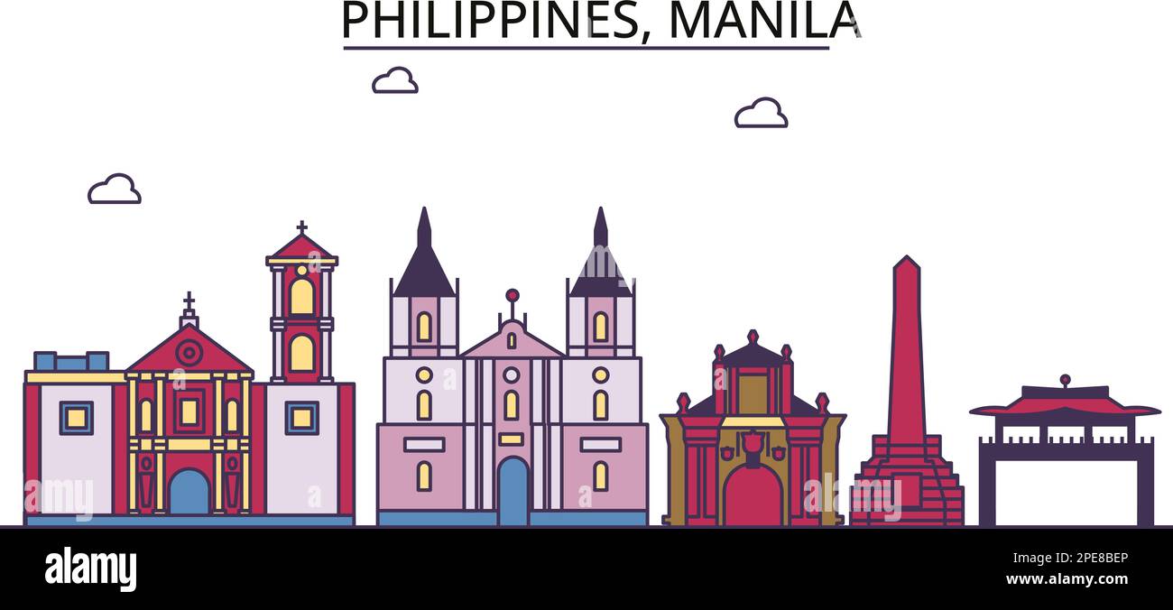 Philippines, Manila tourism landmarks, vector city travel illustration ...