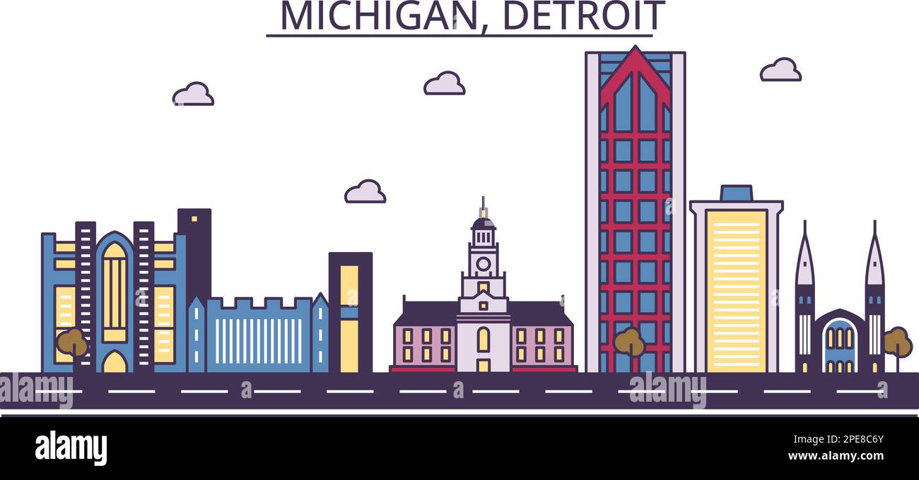 United States, Detroit tourism landmarks, vector city travel ...