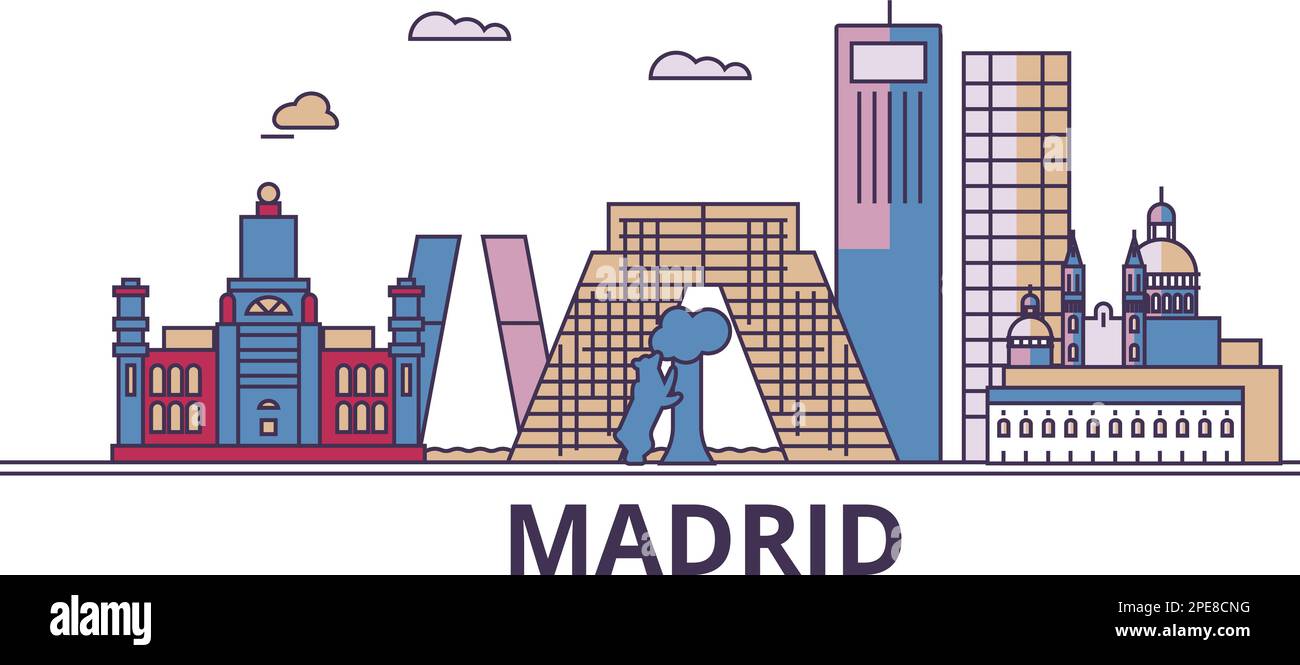 Spain, Madrid City tourism landmarks, vector city travel illustration ...