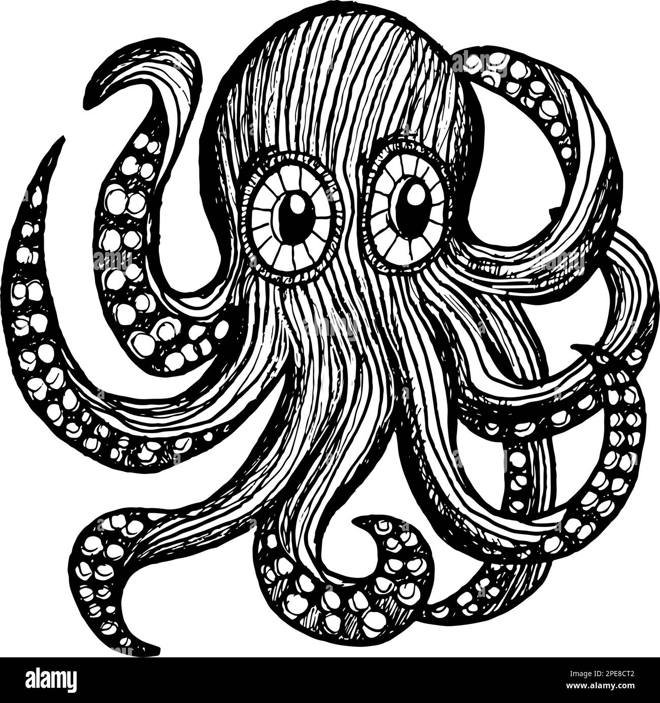 Octopus Character - hand drawn sketch in vintage retro style Stock ...
