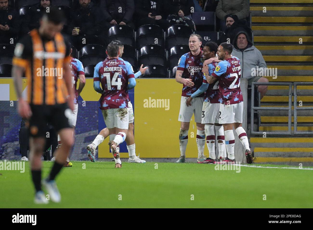 Hull, UK. 15th Mar, 2023. Nathan Tella #23 of Burnley celebrates his ...
