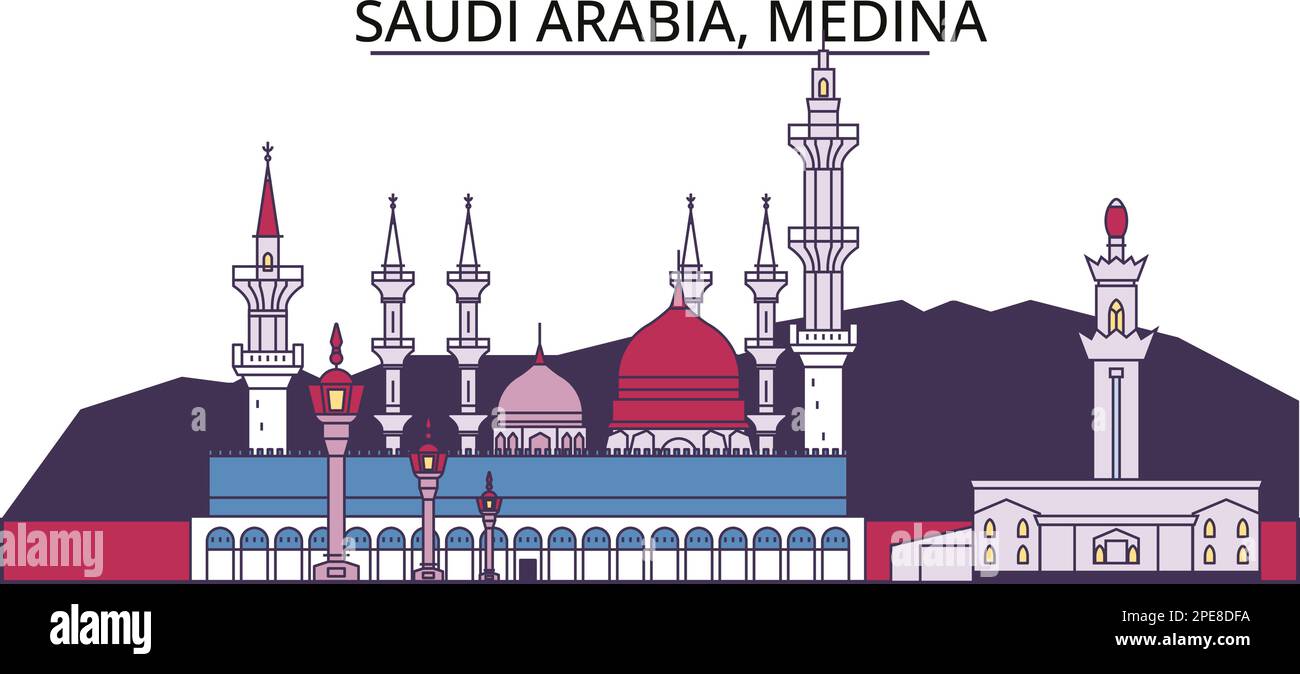 Saudi Arabia, Medina tourism landmarks, vector city travel illustration ...